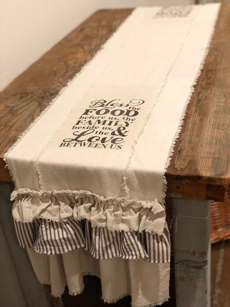 Custom Table Runner with Sayings multi ruffle ivory linen | Etsy