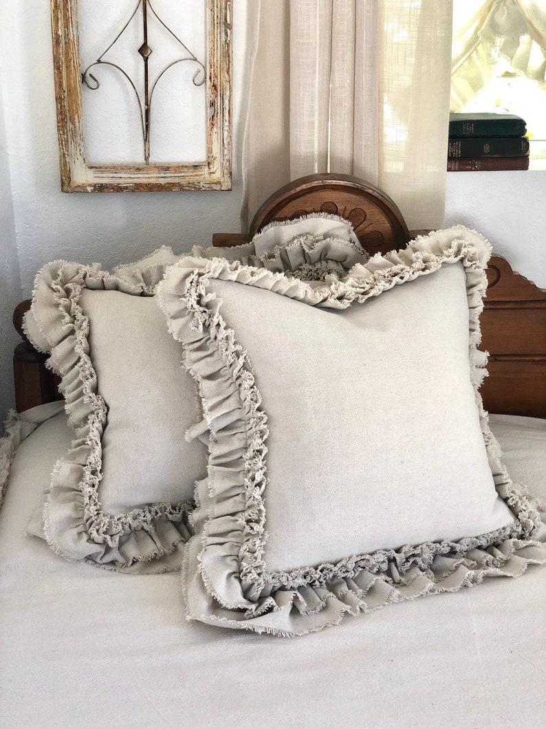 A Pair of Pillow With Ruffles Cotton Canvas Linen Bedding French ...