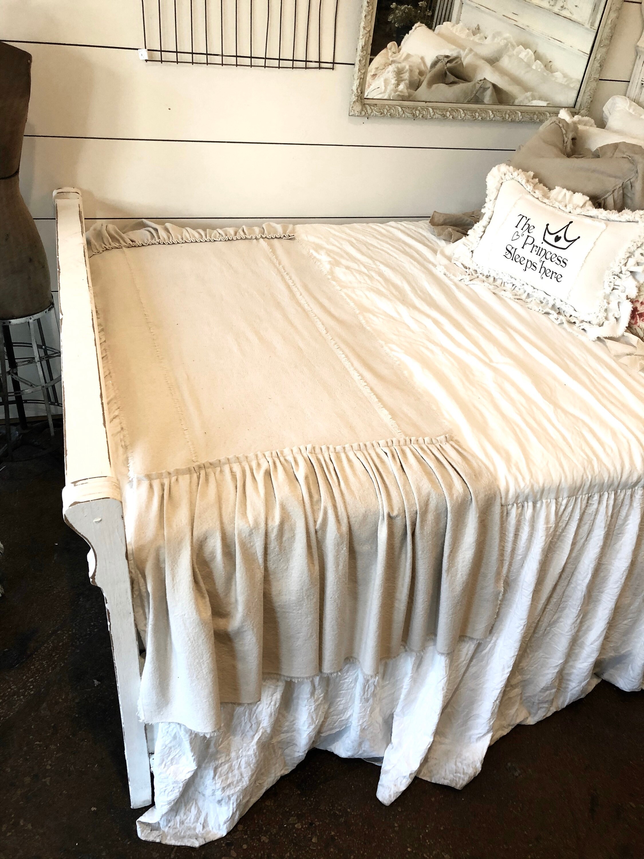 Custom Bed Scarf,bed Runner,long Ruffle,ivory White,linen Cotton Canvas ...