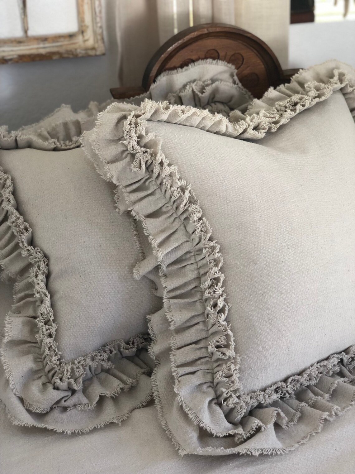 A Pair of Pillow With Ruffles Cotton Canvas Linen Bedding French ...
