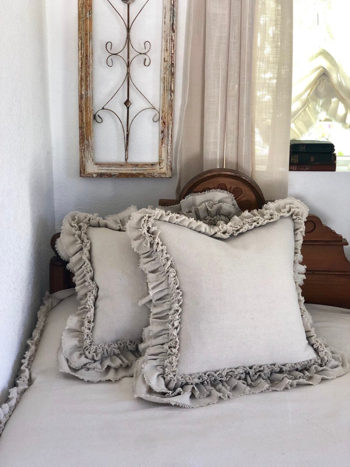 A Pair of Pillow With Ruffles Cotton Canvas Linen Bedding French ...