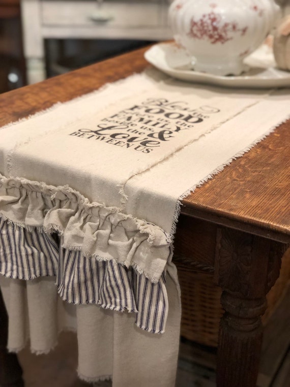 Custom Table Runner with Sayings multi ruffle ivory linen | Etsy