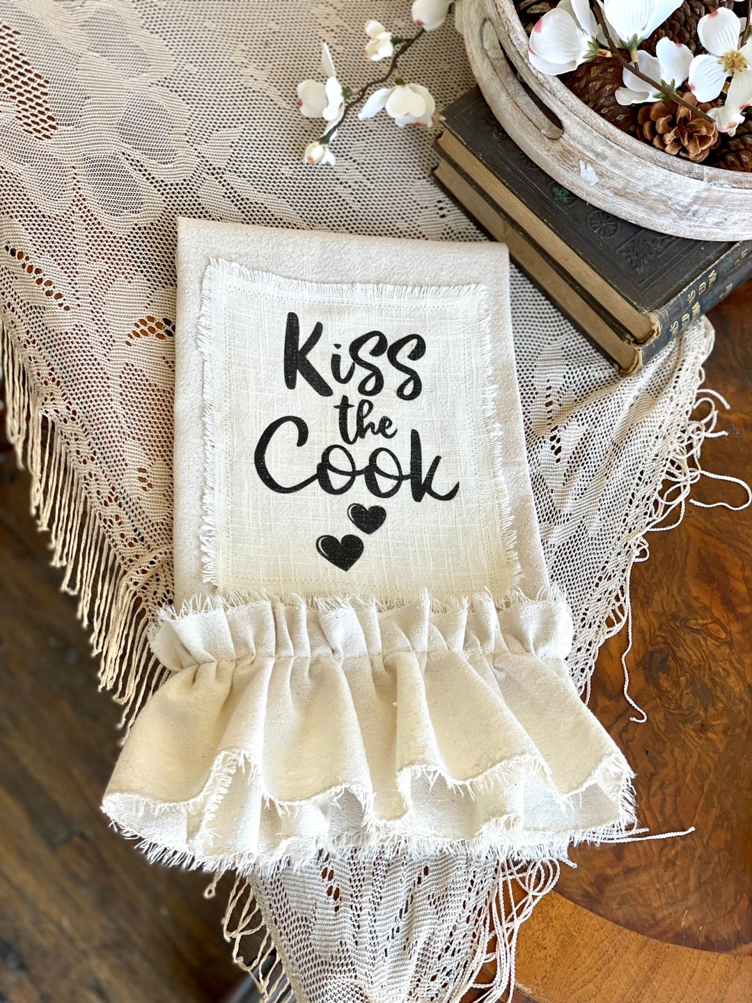 Unique Kitchen Towels W Ruffles,ivory,bathroom Towel,kiss the Cook ...