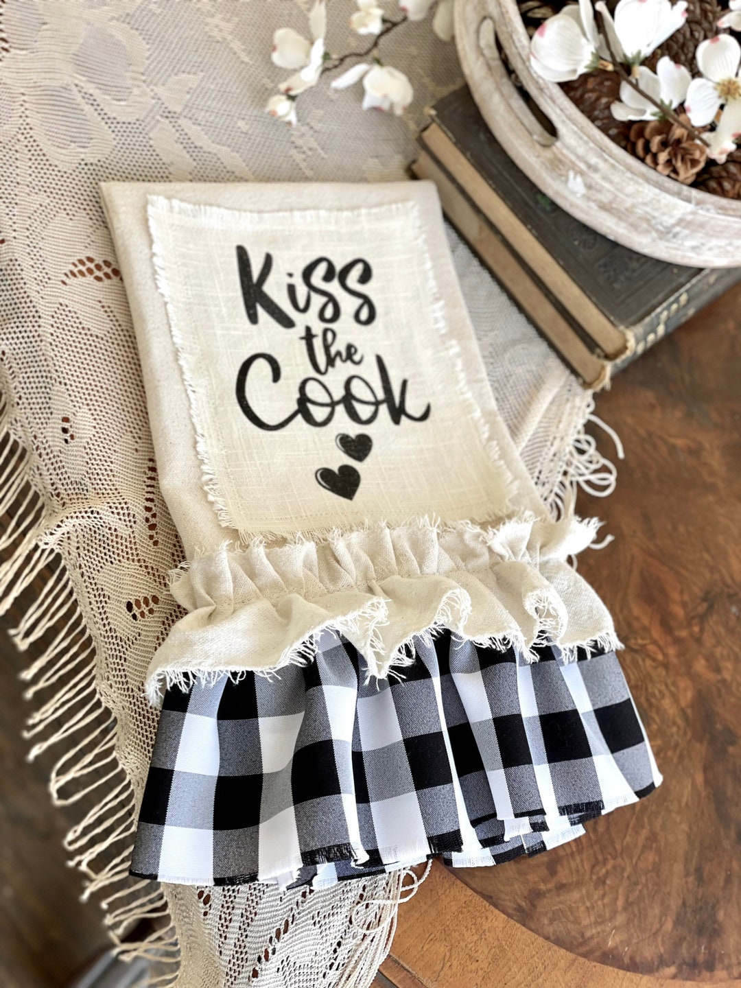 Unique Kitchen Towels With Ruffle,kiss the Cook,custom Saying,farmhouse ...