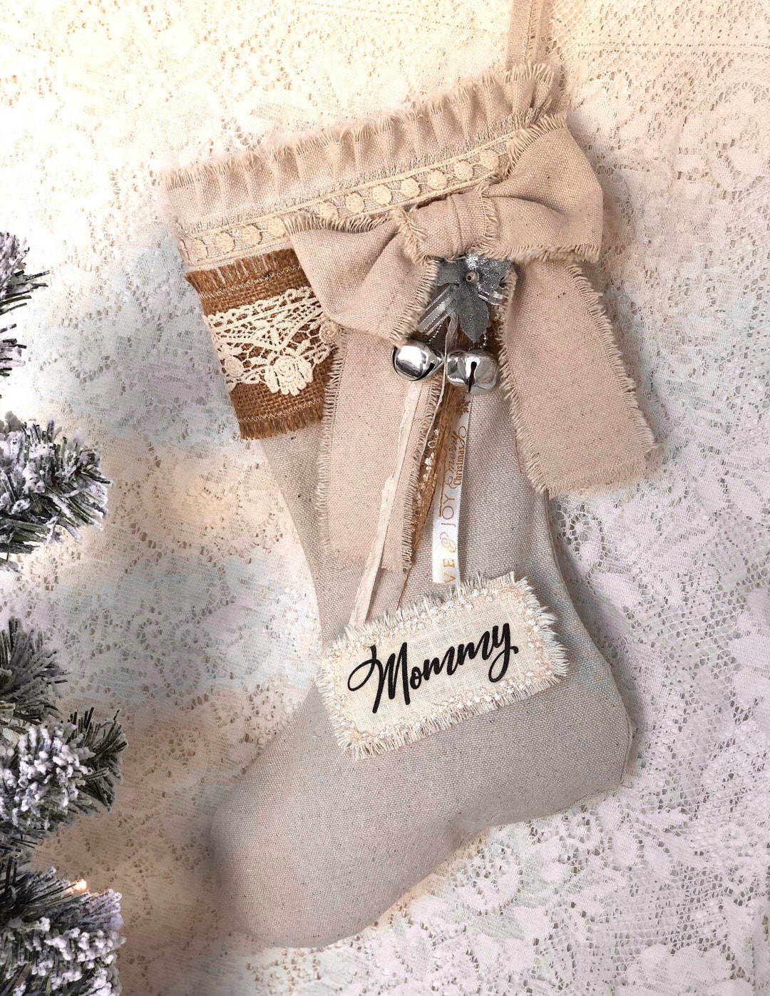 Christmas Stockings Custom Ruffle Top Canvas Light Beige White Lace ...