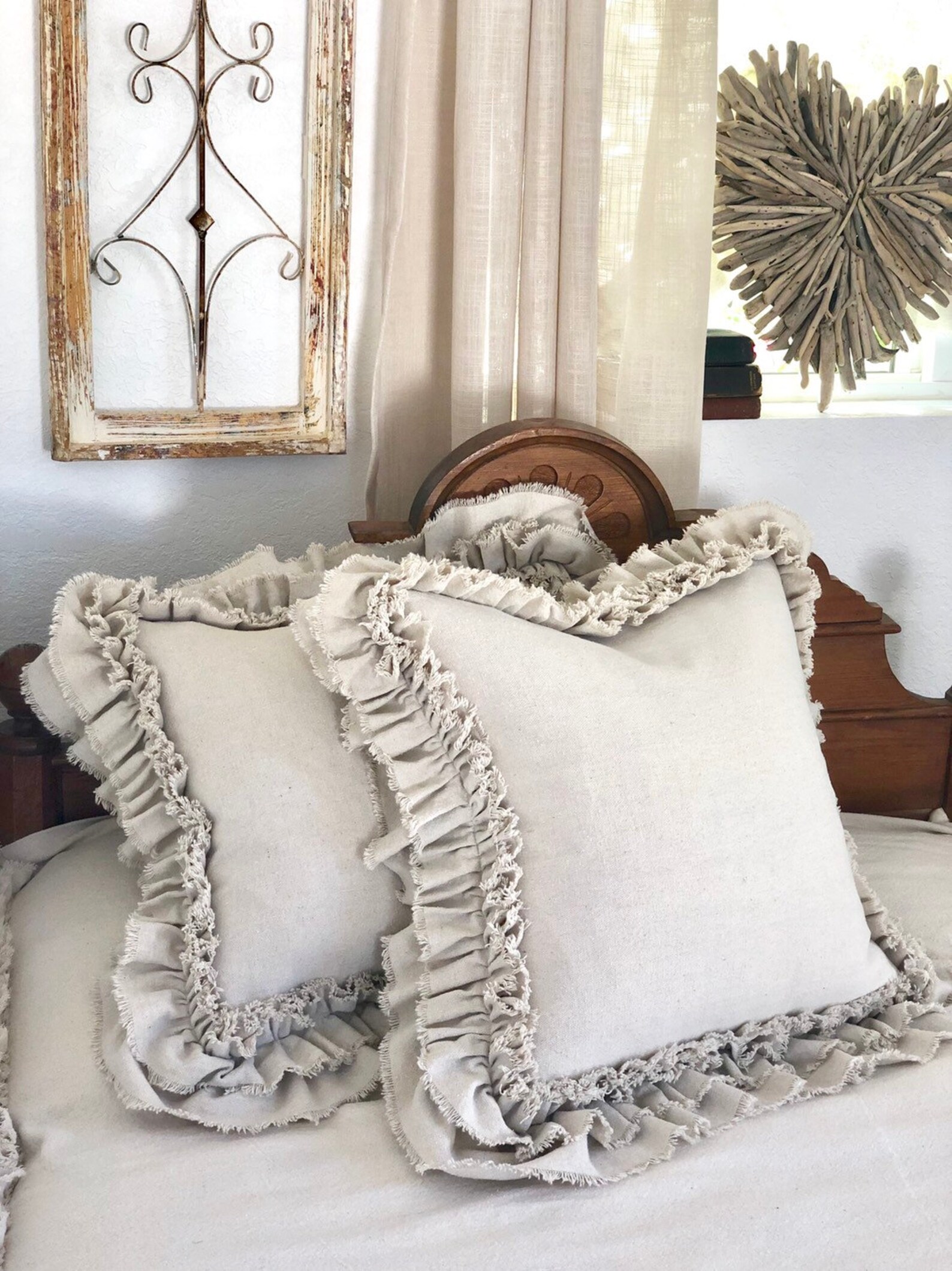 A Pair of Pillow With Ruffles Cotton Canvas Linen Bedding French ...
