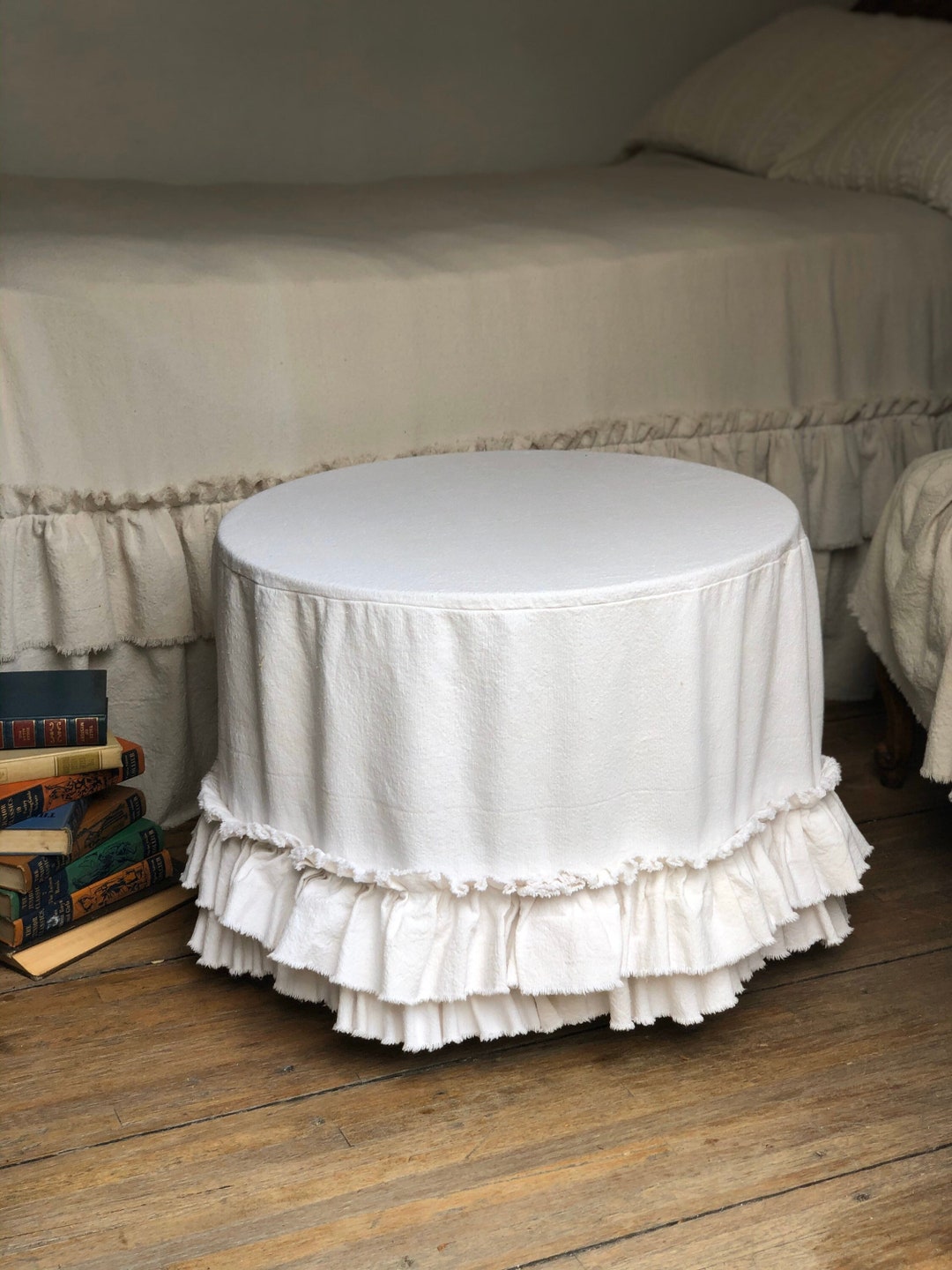 Slip Cover for Round or Oval Ottoman,custom Size,ruffled,creamy White ...