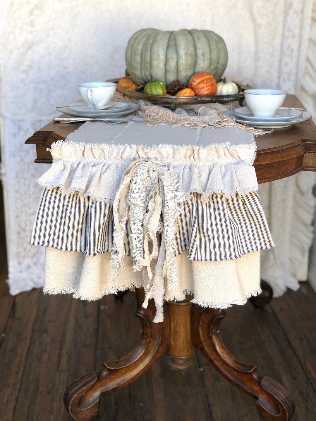Custom Table Runner,multi Ruffle Table Runner,ivory Cotton Canvas,navy ...