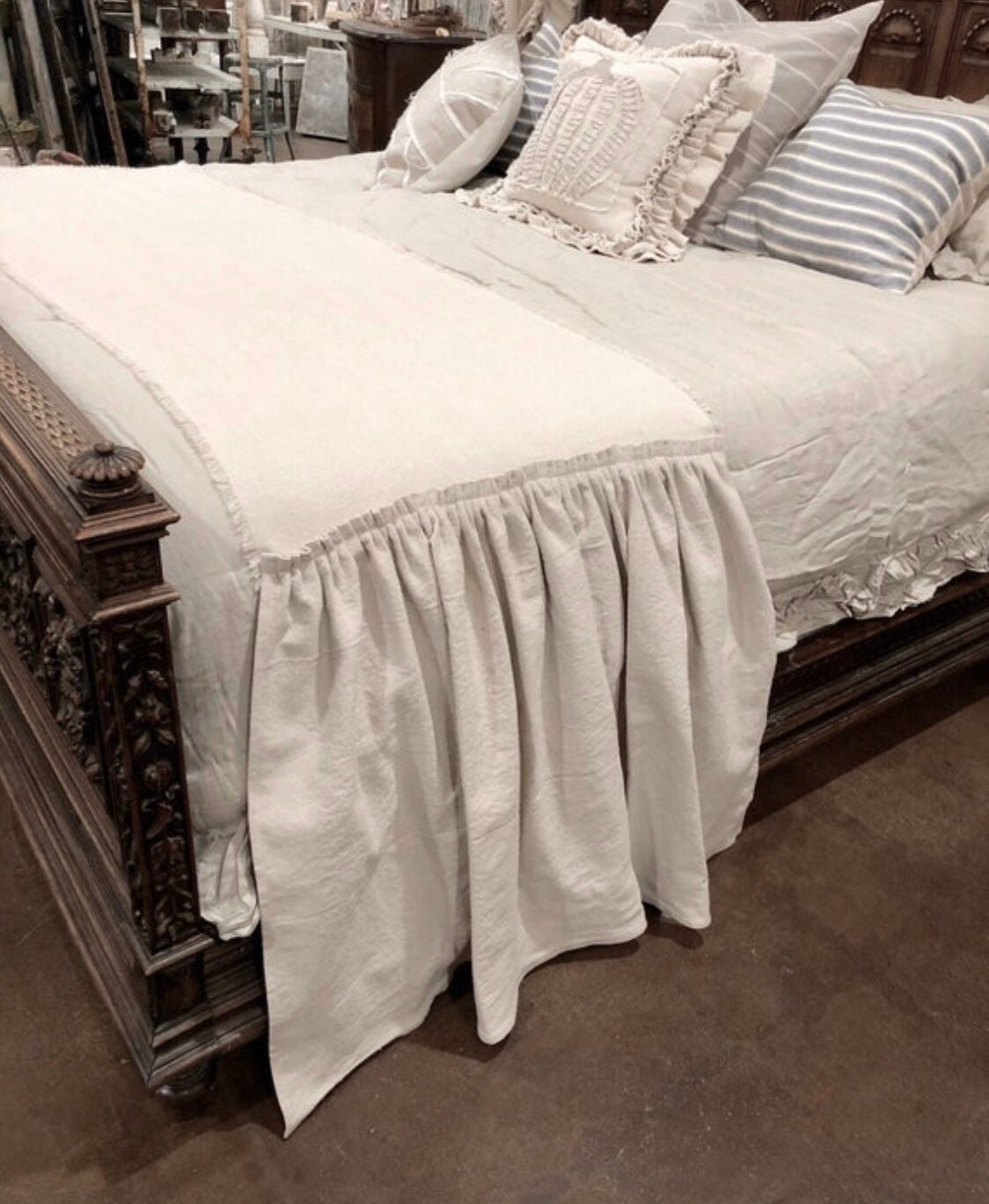 Custom Bed Scarf,bed Runner,long Ruffle,ivory White,linen Cotton Canvas ...