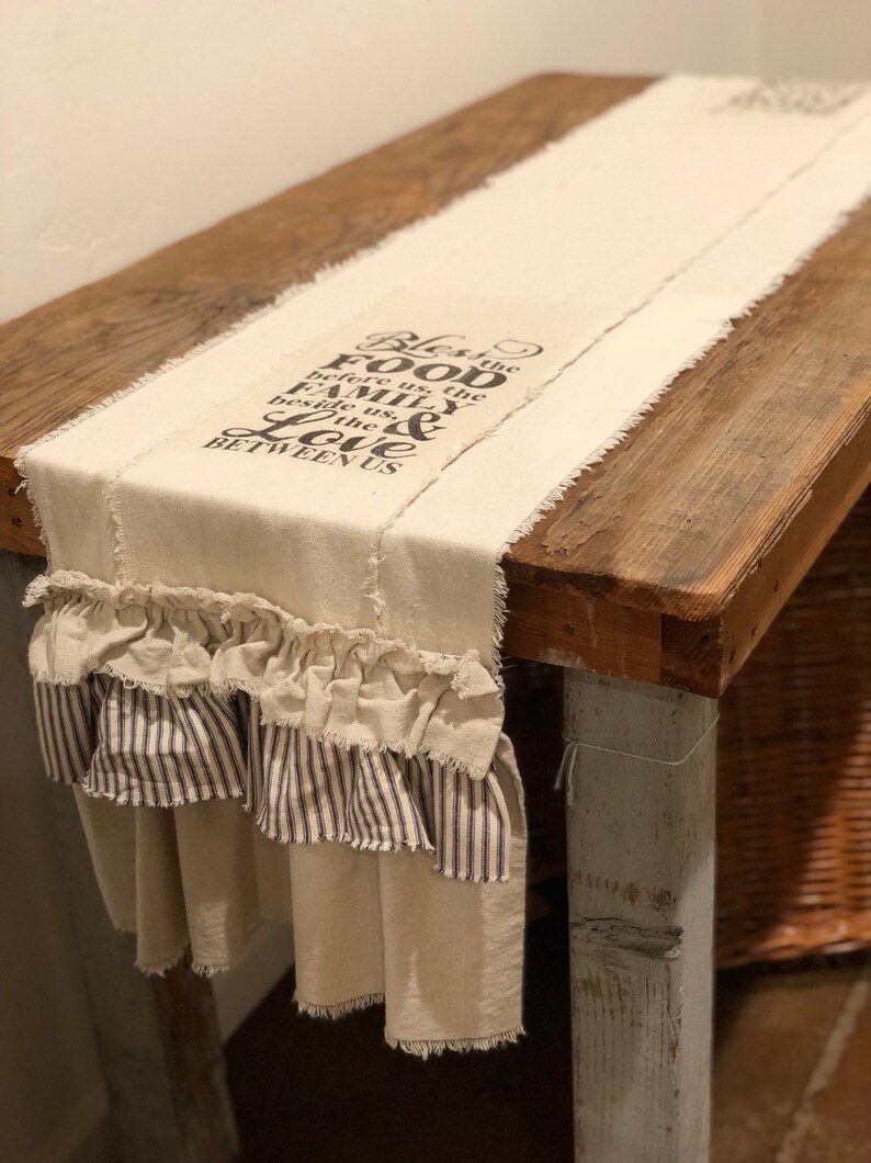 Custom Table Runner with Sayings multi ruffle ivory linen | Etsy