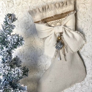 Christmas Stockings Custom Ruffle Top Canvas Light Beige White Lace ...