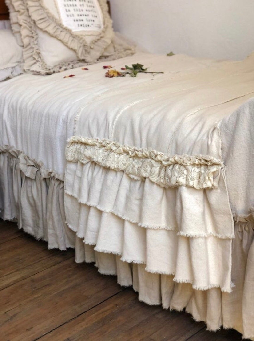 Custom Bed Scarf Bed Runner Long Multi Ruffle Ivory White Linen Cotton ...