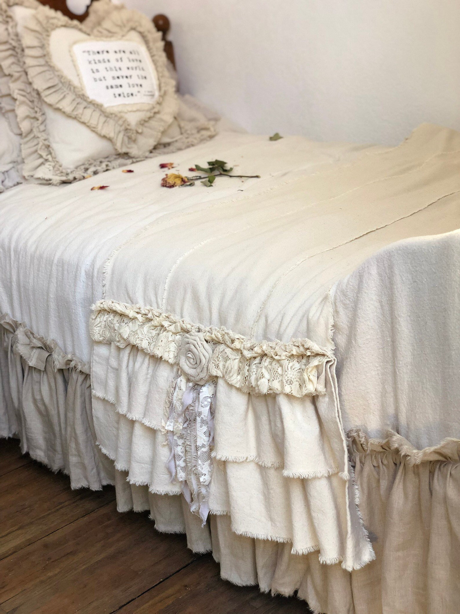 Custom Bed Scarf Bed Runner Long Multi Ruffle Ivory White Linen Cotton ...