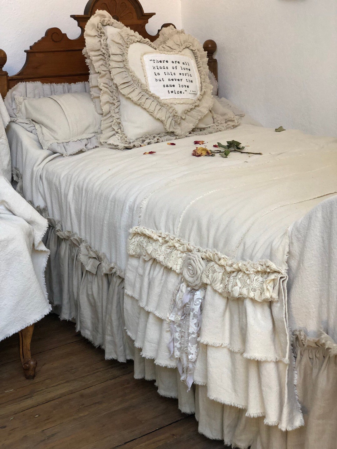 Custom Bed Scarf Bed Runner Long Multi Ruffle Ivory White Linen Cotton ...