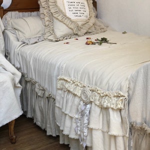 Custom Bed Scarf Bed Runner Long Multi Ruffle Ivory White Linen Cotton ...