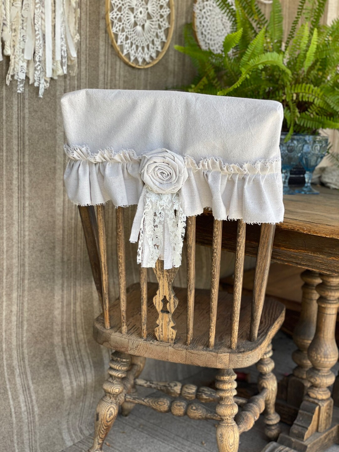 Custom Chair Back Cover,with Raw Frayed Edges Ruffles,ivory Cotton,back ...