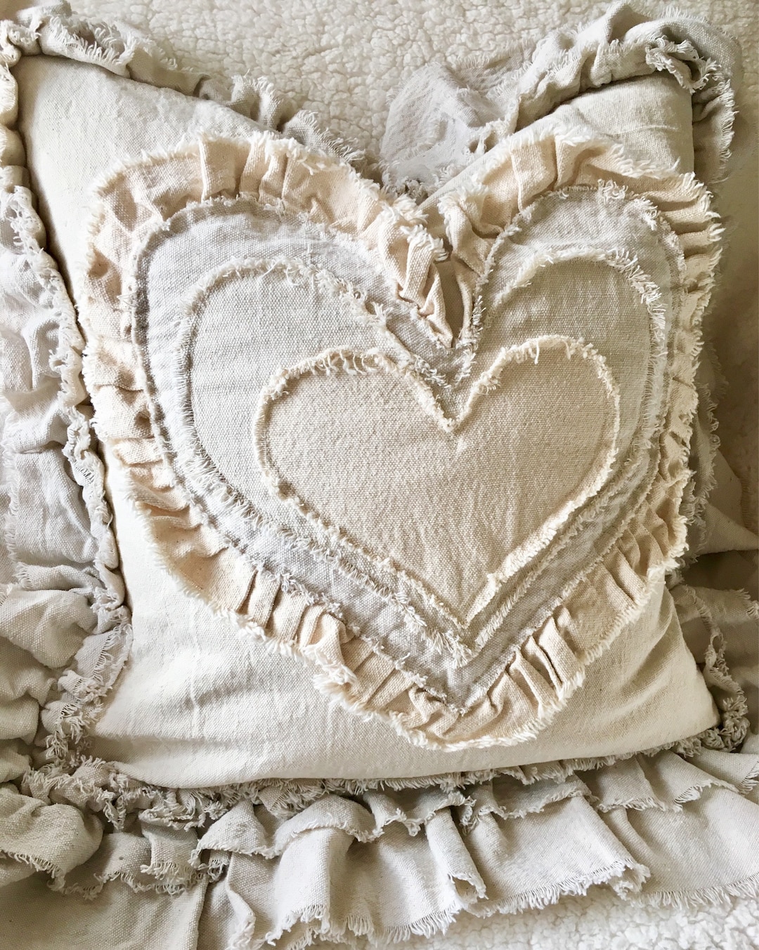 Custom Pillow Cover With Rustic Ruffles,heart Pillow,french Country ...