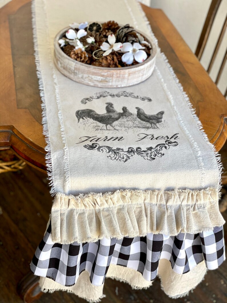 Custom Table Runner With Sayingsroostermulti Ruffleivory - Etsy
