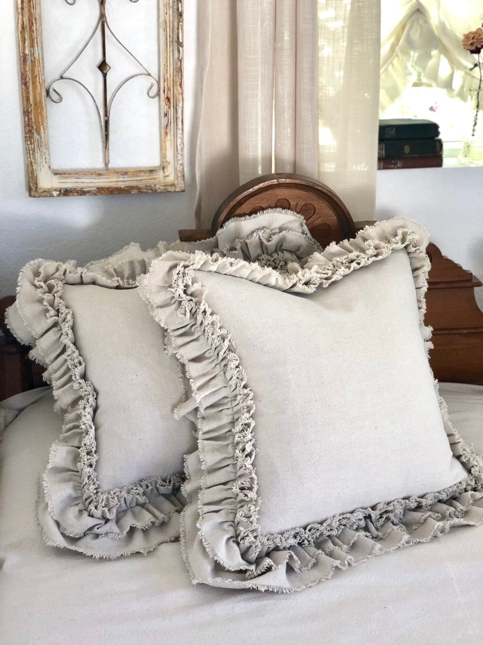 A Pair of Pillow With Ruffles Cotton Canvas Linen Bedding French ...