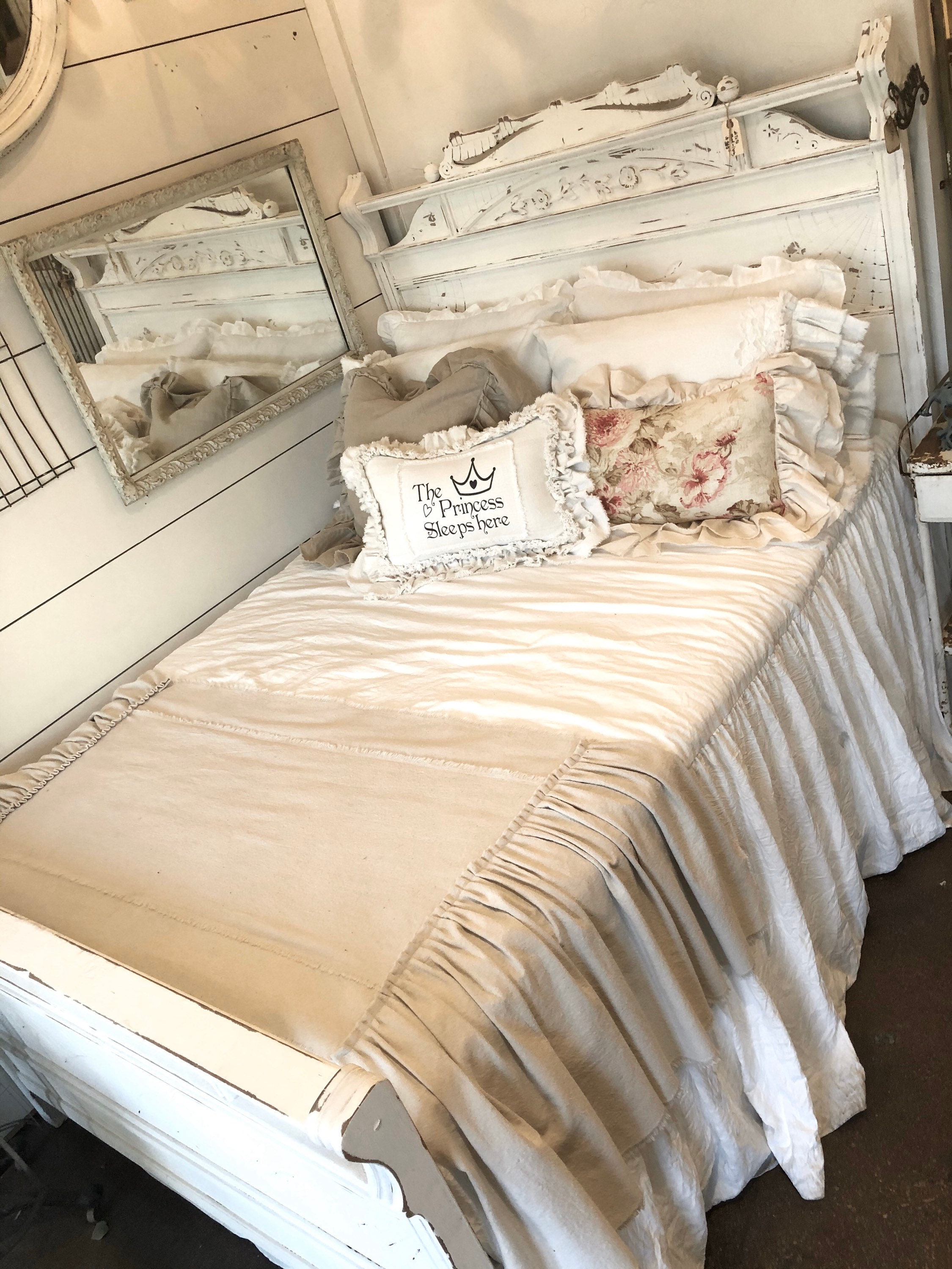 Custom Bed Scarf,bed Runner,long Ruffle,ivory White,linen Cotton Canvas ...