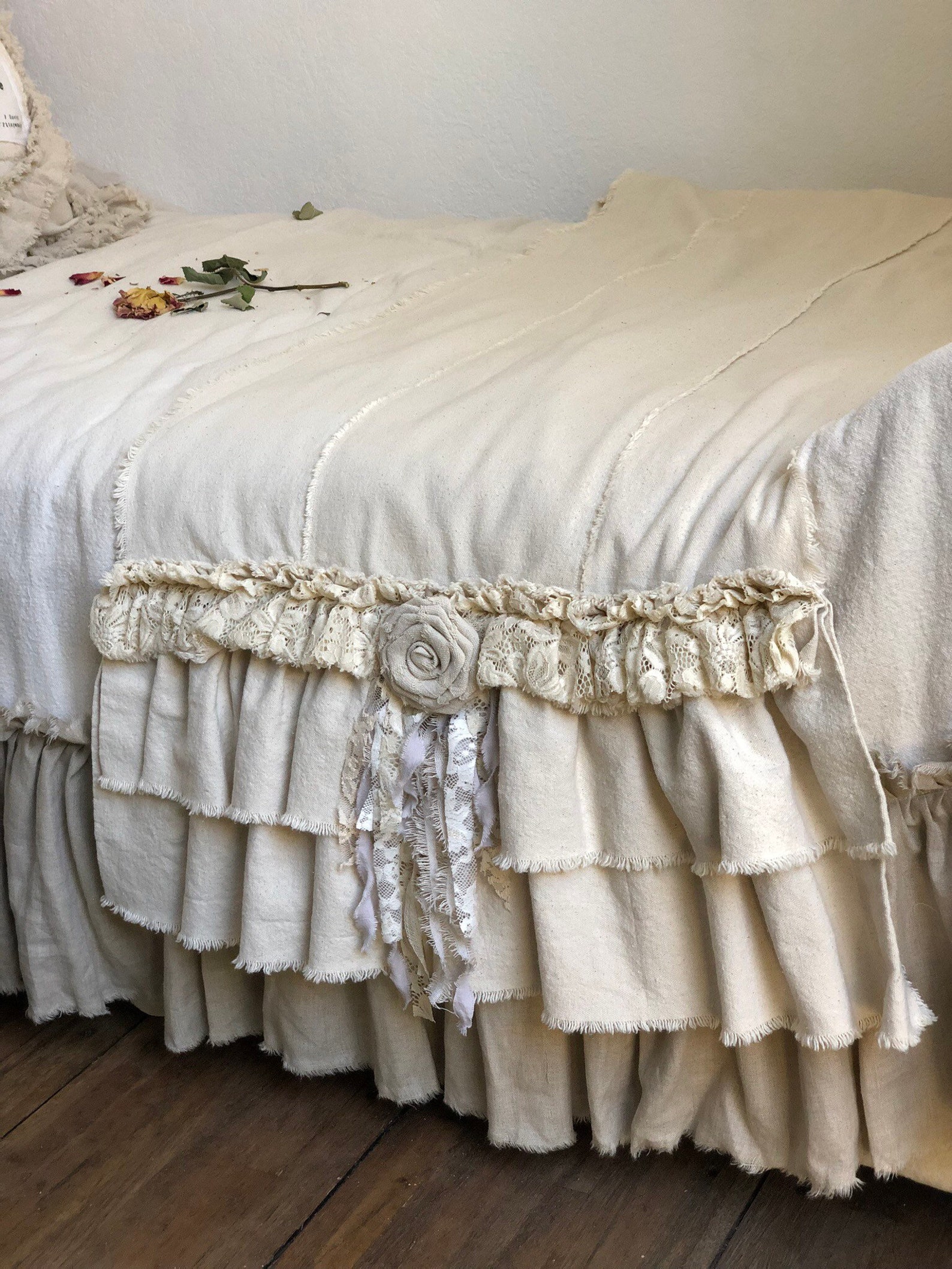 Custom Bed Scarf Bed Runner Long Multi Ruffle Ivory White Linen Cotton ...
