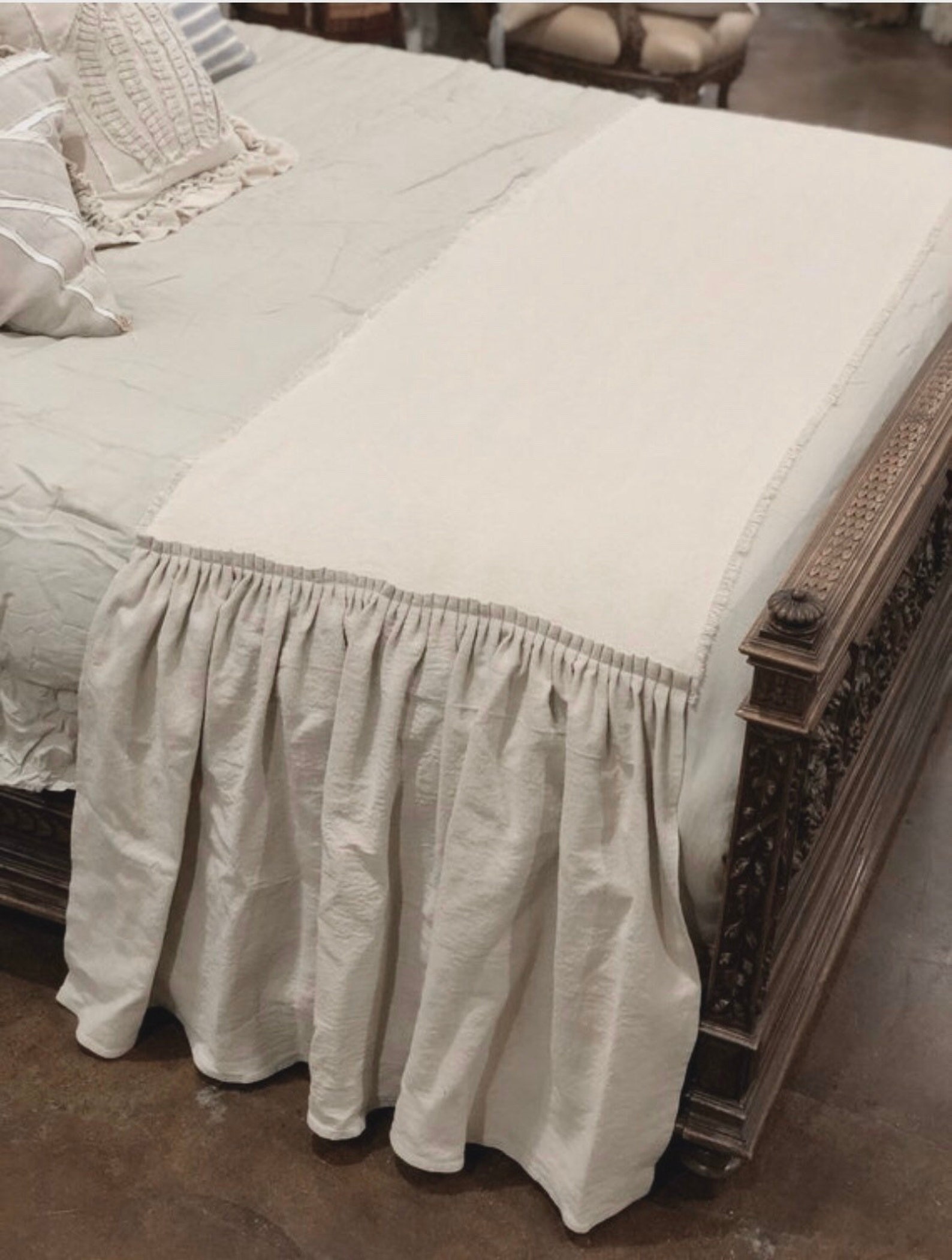 Custom Bed Scarf,bed Runner,long Ruffle,ivory White,linen Cotton Canvas ...
