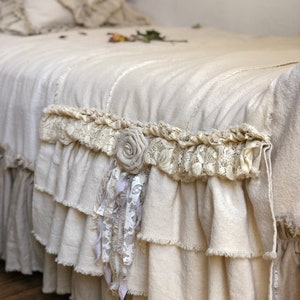 Custom Bed Scarf Bed Runner Long Multi Ruffle Ivory White Linen Cotton ...