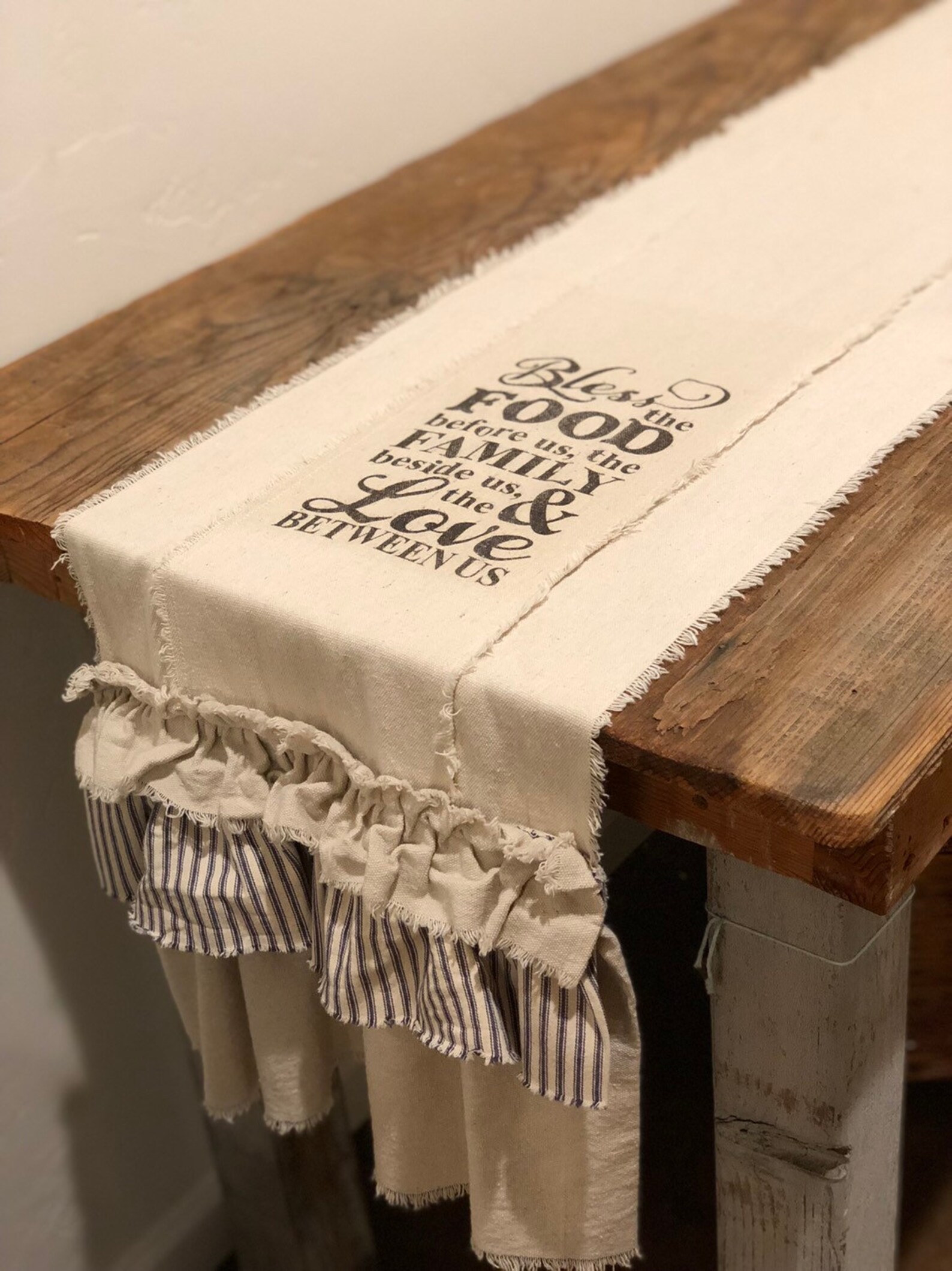 Custom Table Runner with Sayings multi ruffle ivory linen | Etsy