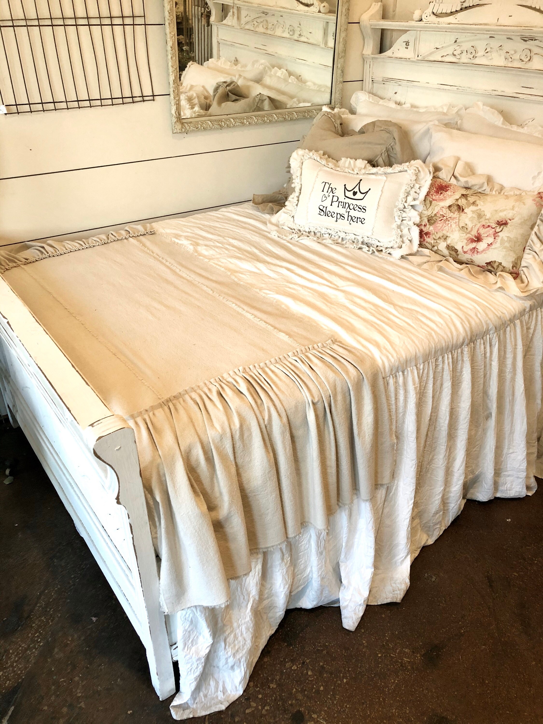 Custom Bed Scarf,bed Runner,long Ruffle,ivory White,linen Cotton Canvas ...