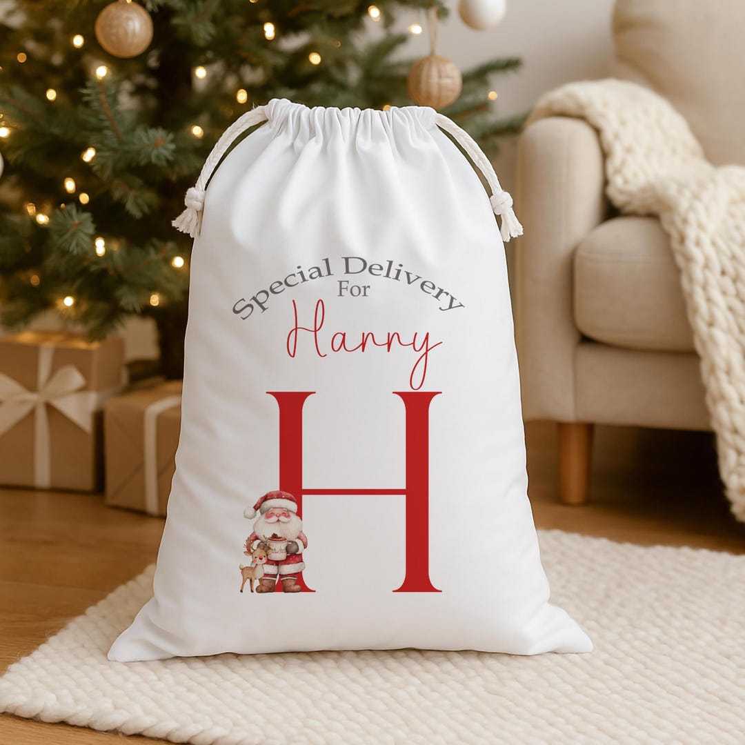 Personalised Santa & Rudolph Christmas Sack – Custom Initial Gift Bag ...