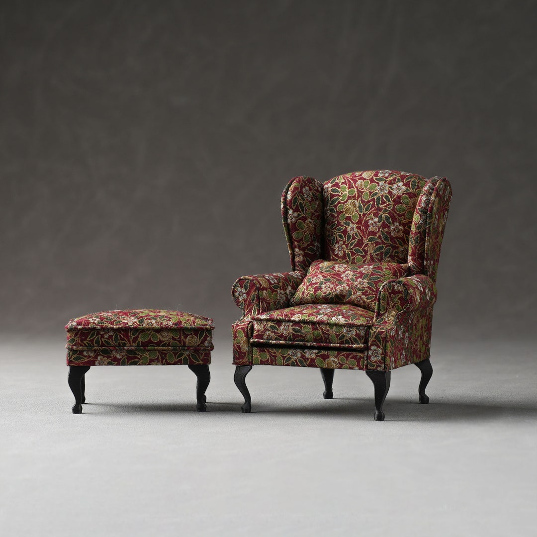 1:12 Miniature Upholstered Vintage and Antique Wingback Chair Metallic ...