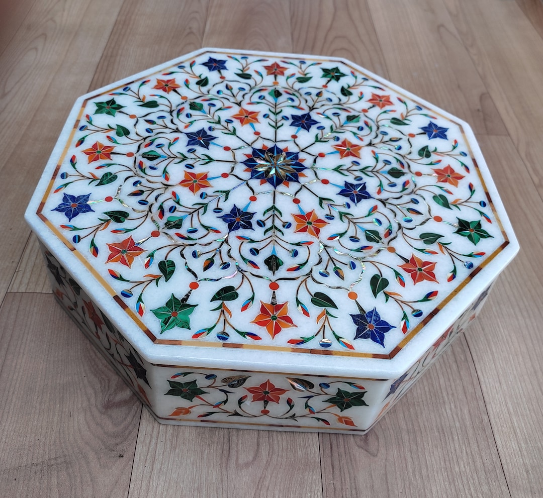 Marble Stone Box Gemstone Inlay Jewelry Box Gift Pietra Dura Keepsake ...