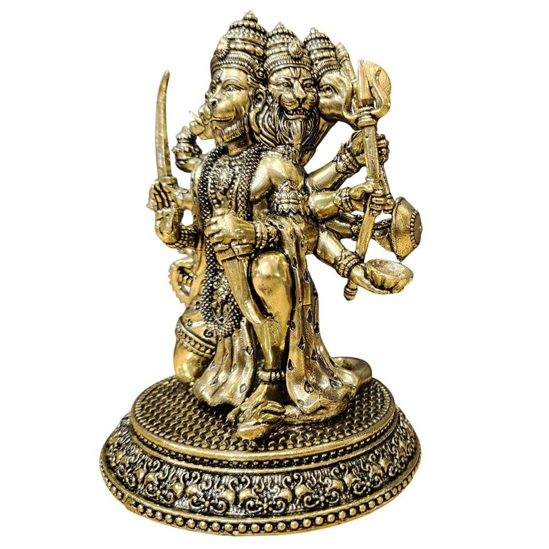 Brass Hanuman Statue 6" Five Face Handmade Hindu God Sculpture Home ...