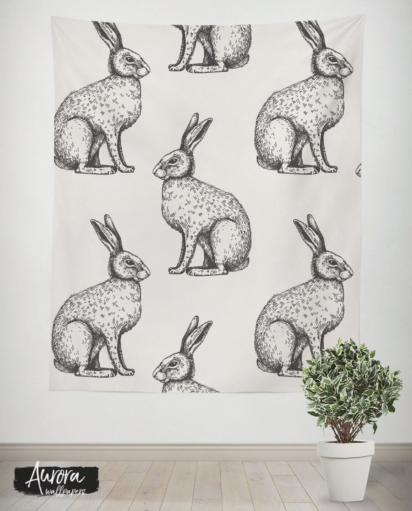 Rabbit Tapestry Black and White Pattern Animals Sketch - Etsy