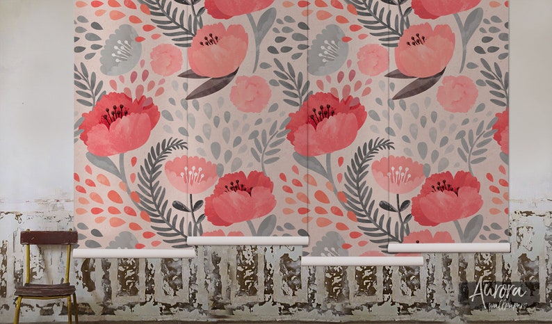 Shabby Poppy Wall Decor Floral Wall Mural Peel and Stick - Etsy
