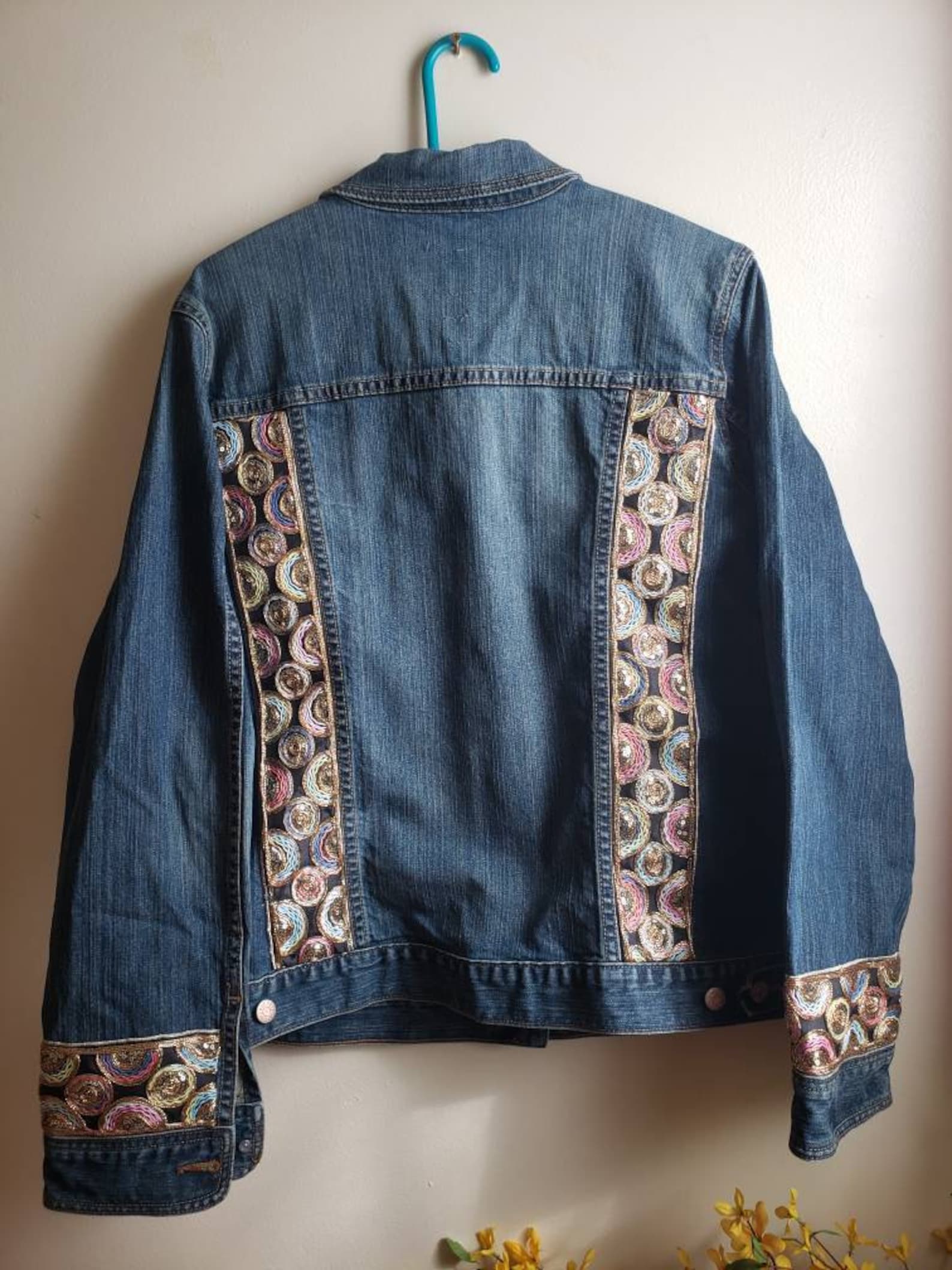 Embellished Jean Jacket, Upcycled Jean Jacket, Sequined Jacket, Gold ...