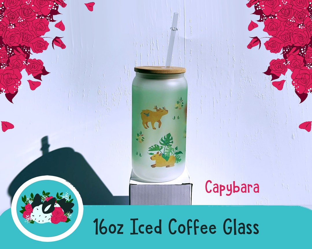 Capybara Cup Iced Coffee Glass Glass Can With Bamboo Lid and - Etsy