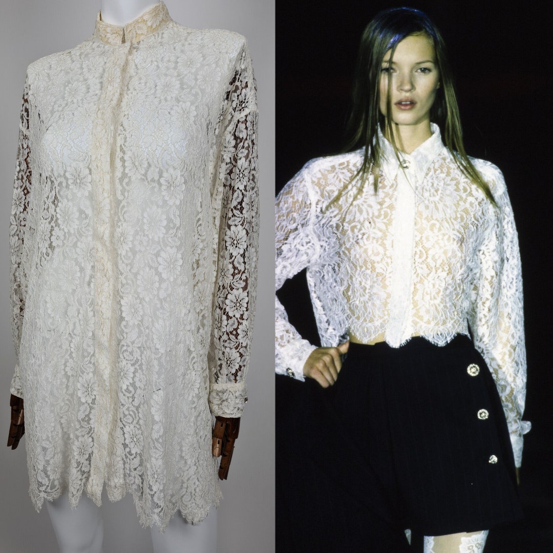 Gianni Versace S/S 1994 Runway 90s White Lace Sheer Punk Blouse Shirt ...