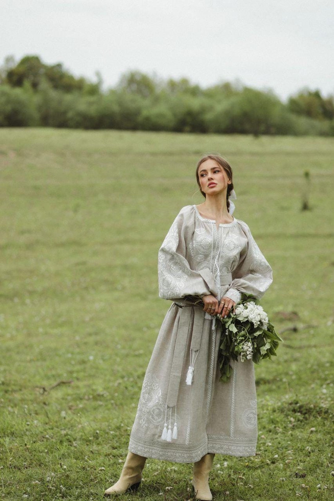 100% Linen Sand Color Embroidered Dress for Women Elegant Vyshyvanka ...