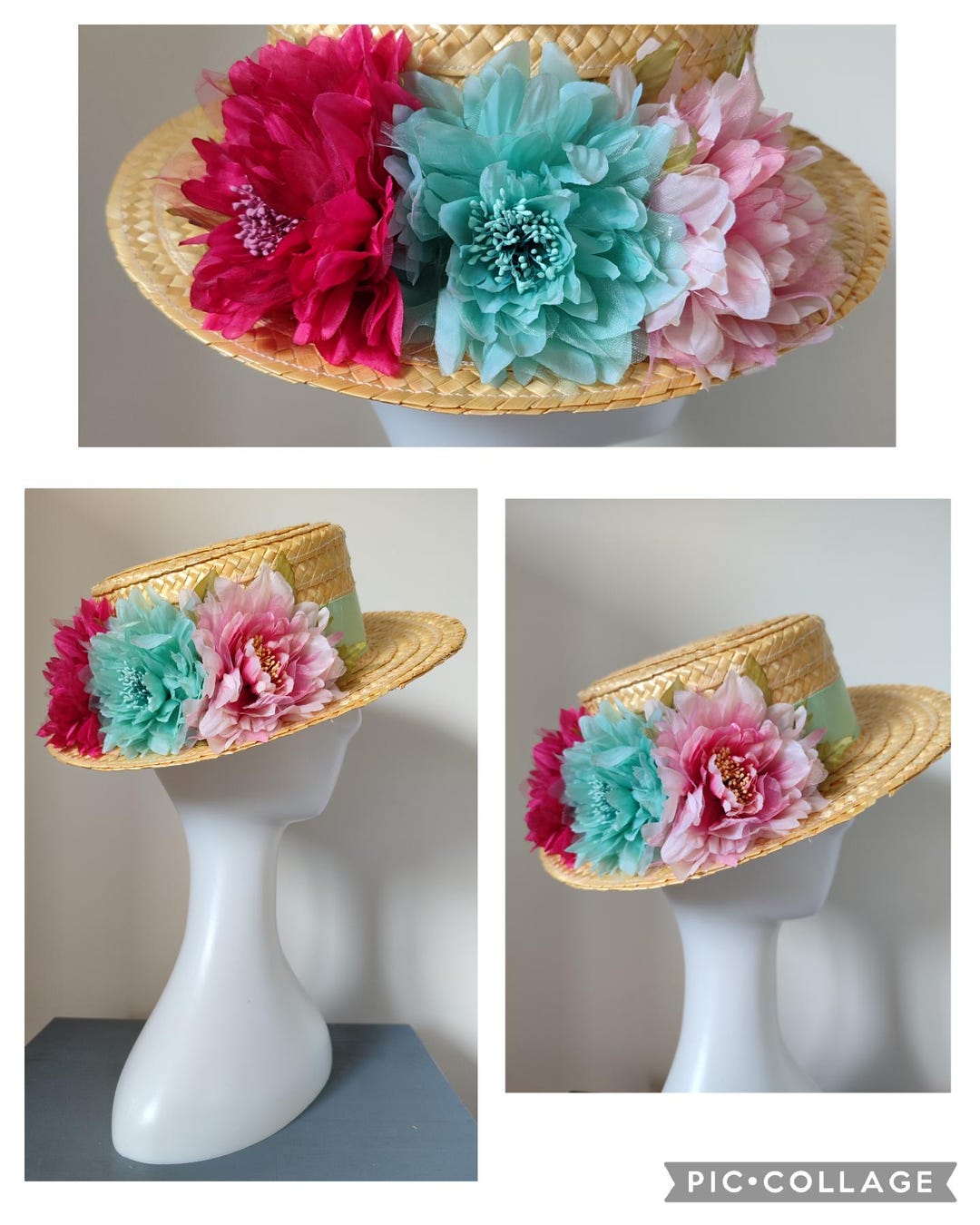 Elegant Hat With Green Ribbon and Pink Flowers of Course, Light Blue ...