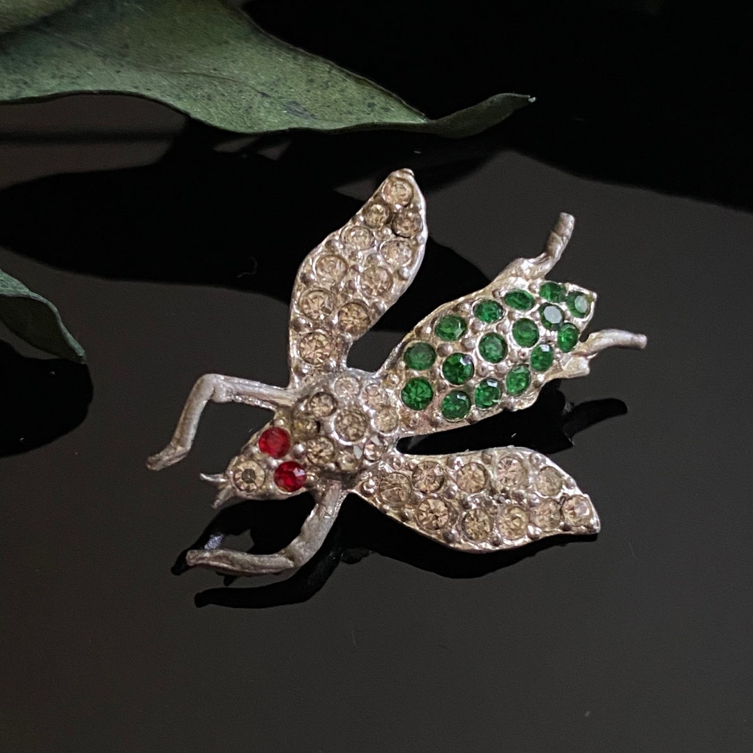 Vintage Pot Metal Green Rhinestone Fly Insect Brooch - Etsy