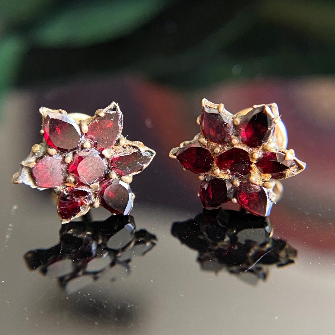 Antique Flat Cut Garnet Flower Threaded Post Earrings as Is - Etsy
