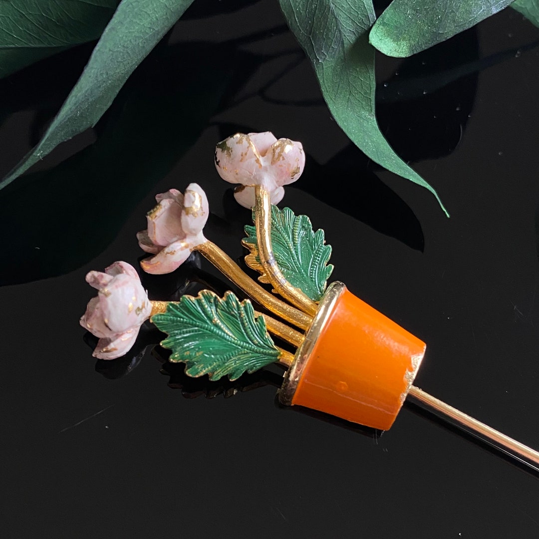 Vintage MCM Judith Green Enamel Flower Pot Hat Pin 4 - Etsy