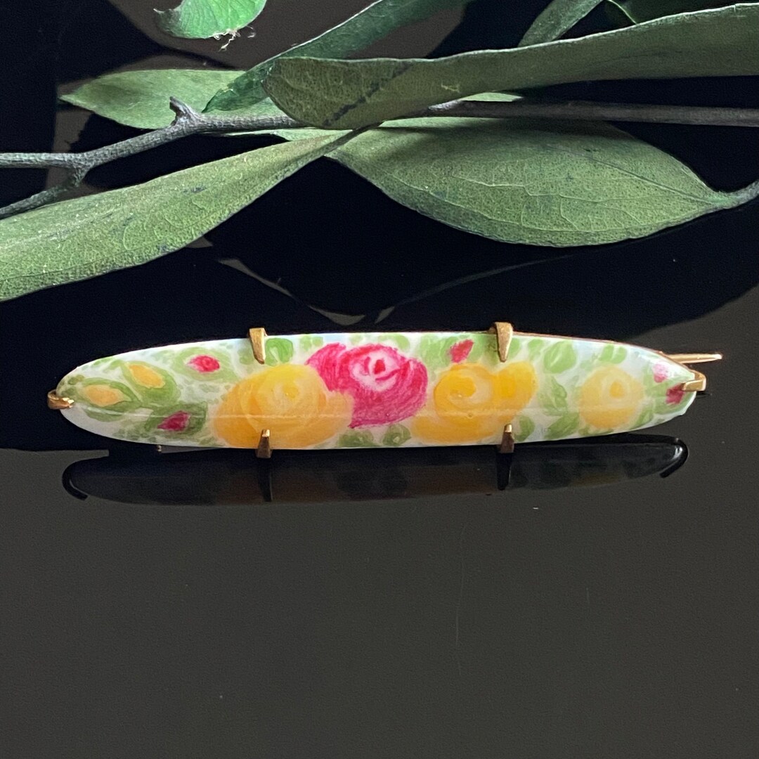 Antique Edwardian Painted Porcelain Rose Flower Navette Pin Brooch - Etsy