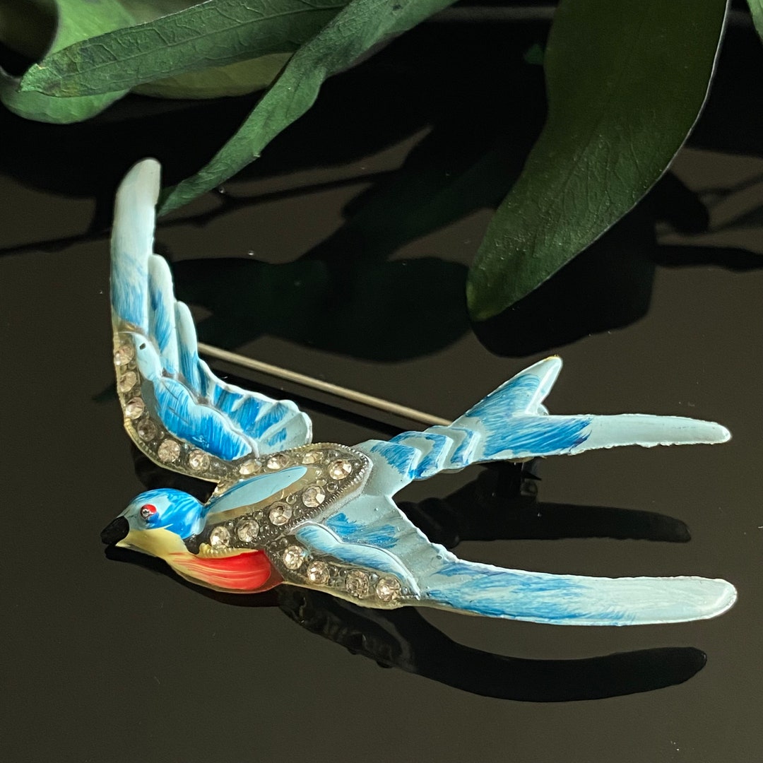 Vintage Celluloid Rhinestone Blue Bird Brooch - Etsy