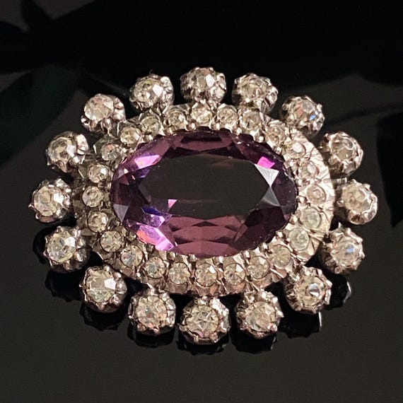 Antique Art Deco Silver Oval Amethyst Glass Paste Bro… - Gem