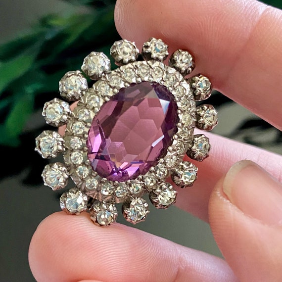 Antique Art Deco Silver Oval Amethyst Glass Paste Bro… - Gem