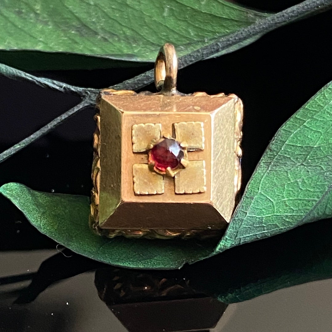 Victorian Gold Filled Garnet Small Square Etruscan Revival Fob Charm ...