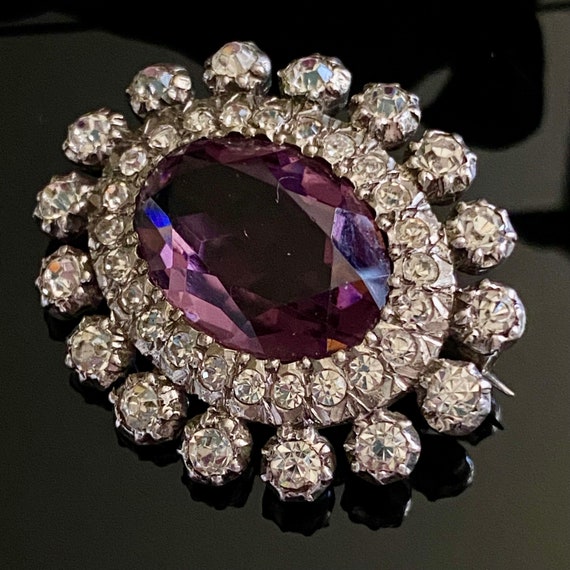 Antique Art Deco Silver Oval Amethyst Glass Paste Bro… - Gem