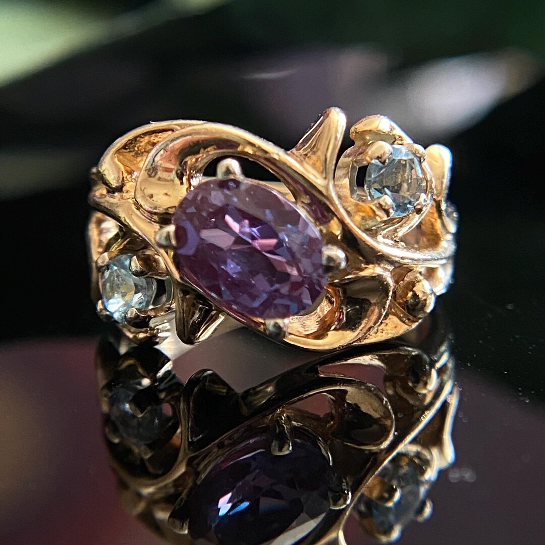 Estate 14k Gold Lab Grown Alexandrite & Aquamarine Ring Size 4 - Etsy